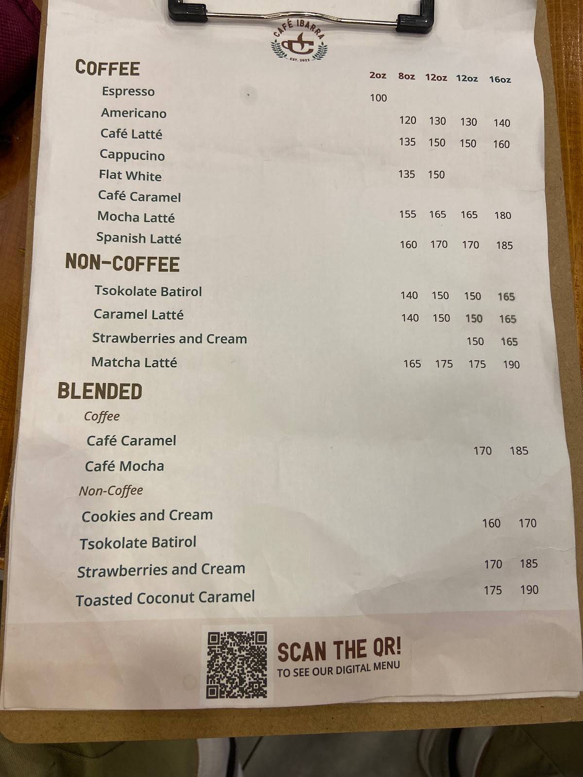 Menu at Cafe Ibarra, Valenzuela