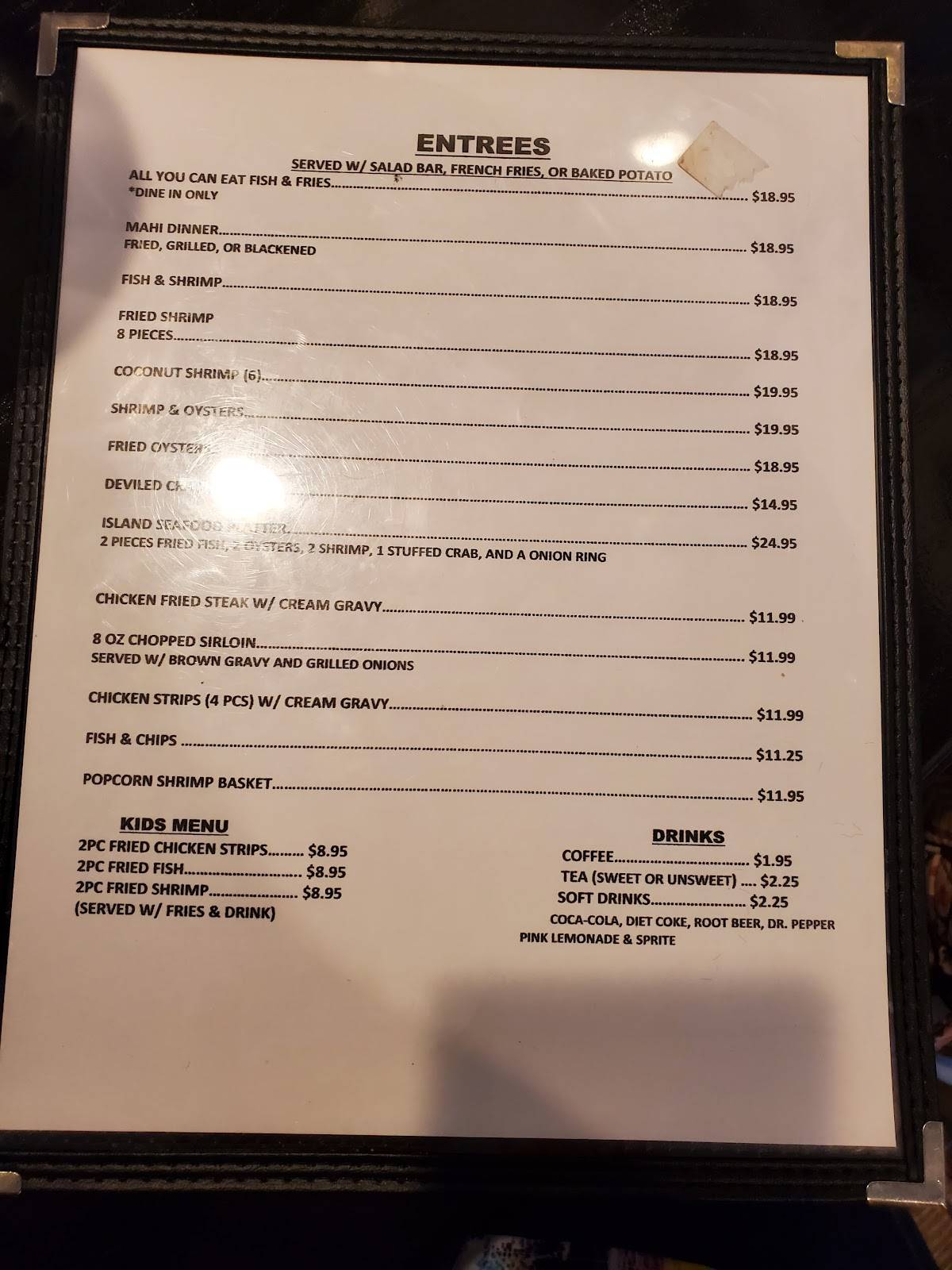 Menu at Island Cafe, Port Aransas