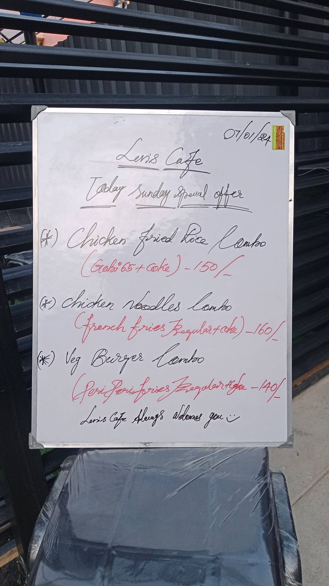 Menu at Levi's cafe, Vellore
