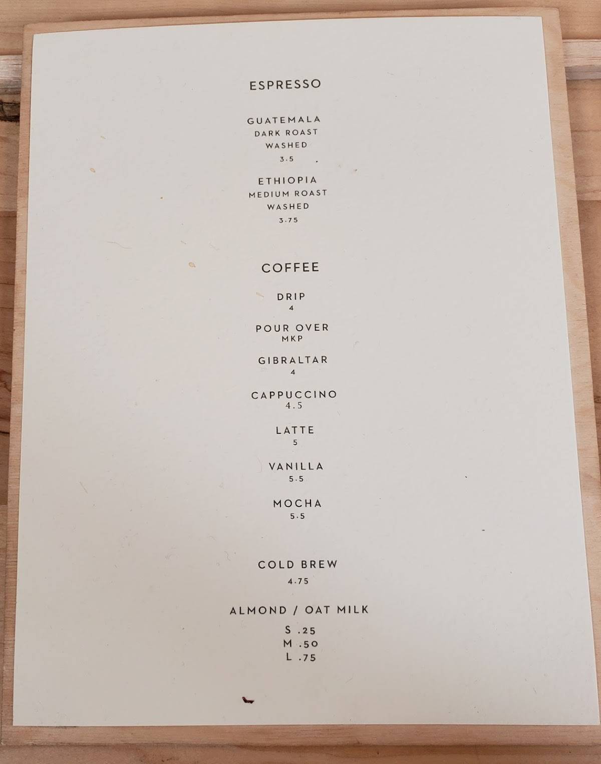 Menu at Maru Coffee cafe, Los Angeles, S Santa Fe Ave
