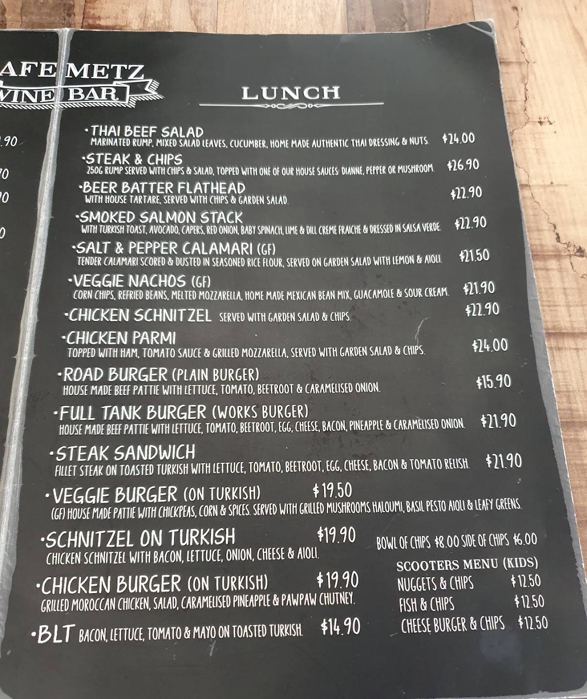 Menu at Cafe Metz, Canungra