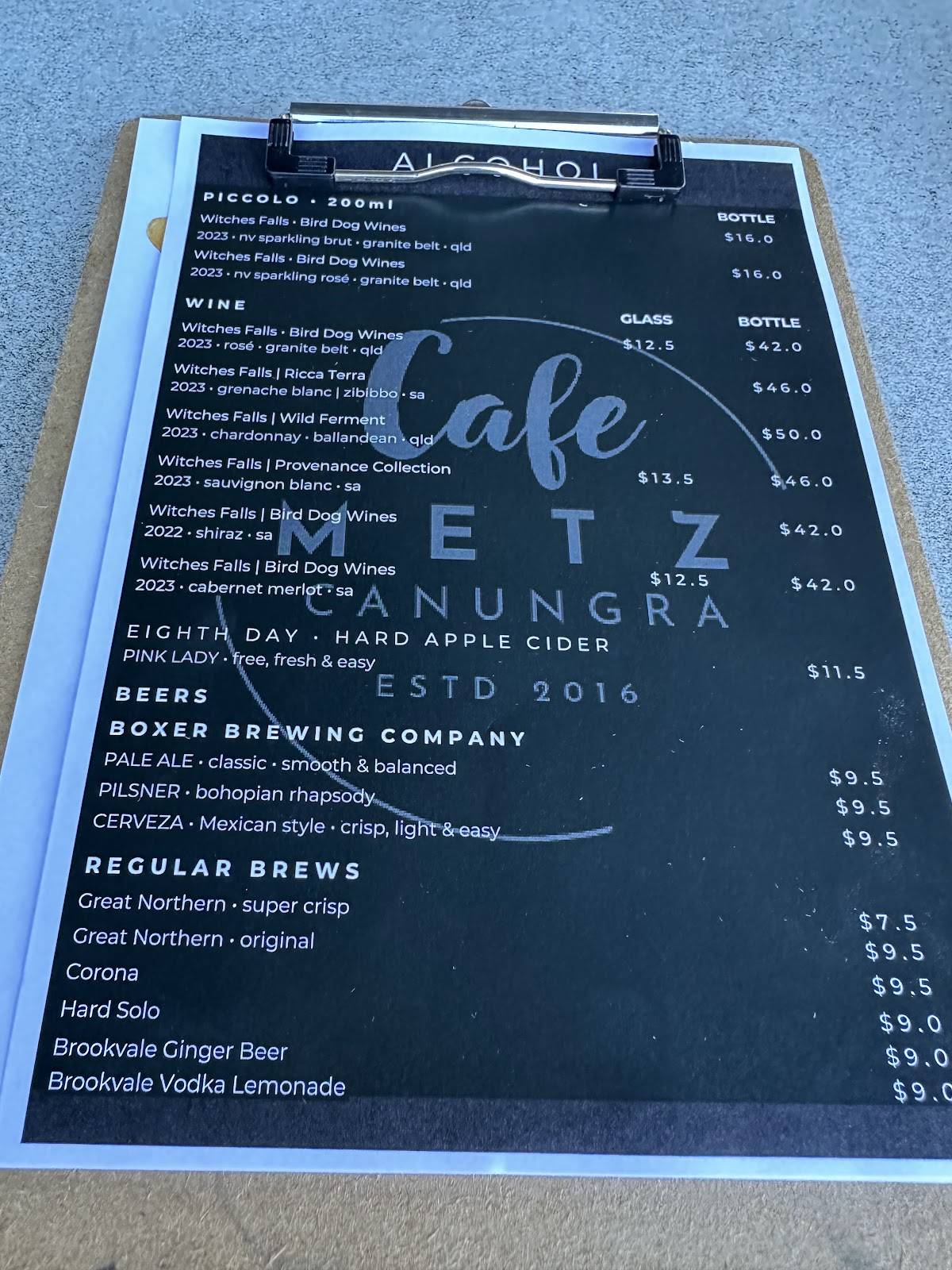 Menu at Cafe Metz, Canungra