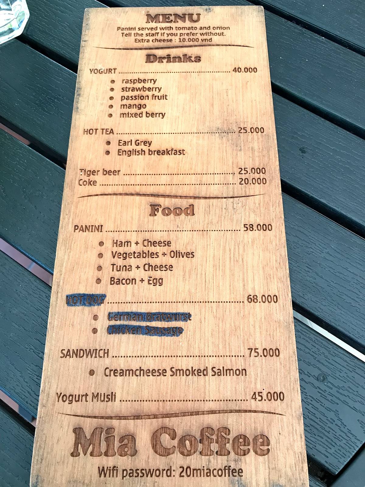 Menu at Mia Coffee cafe, Hoi An