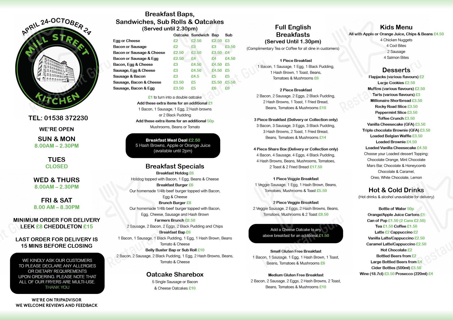Menu at Mill St Kitchen cafe, Leek