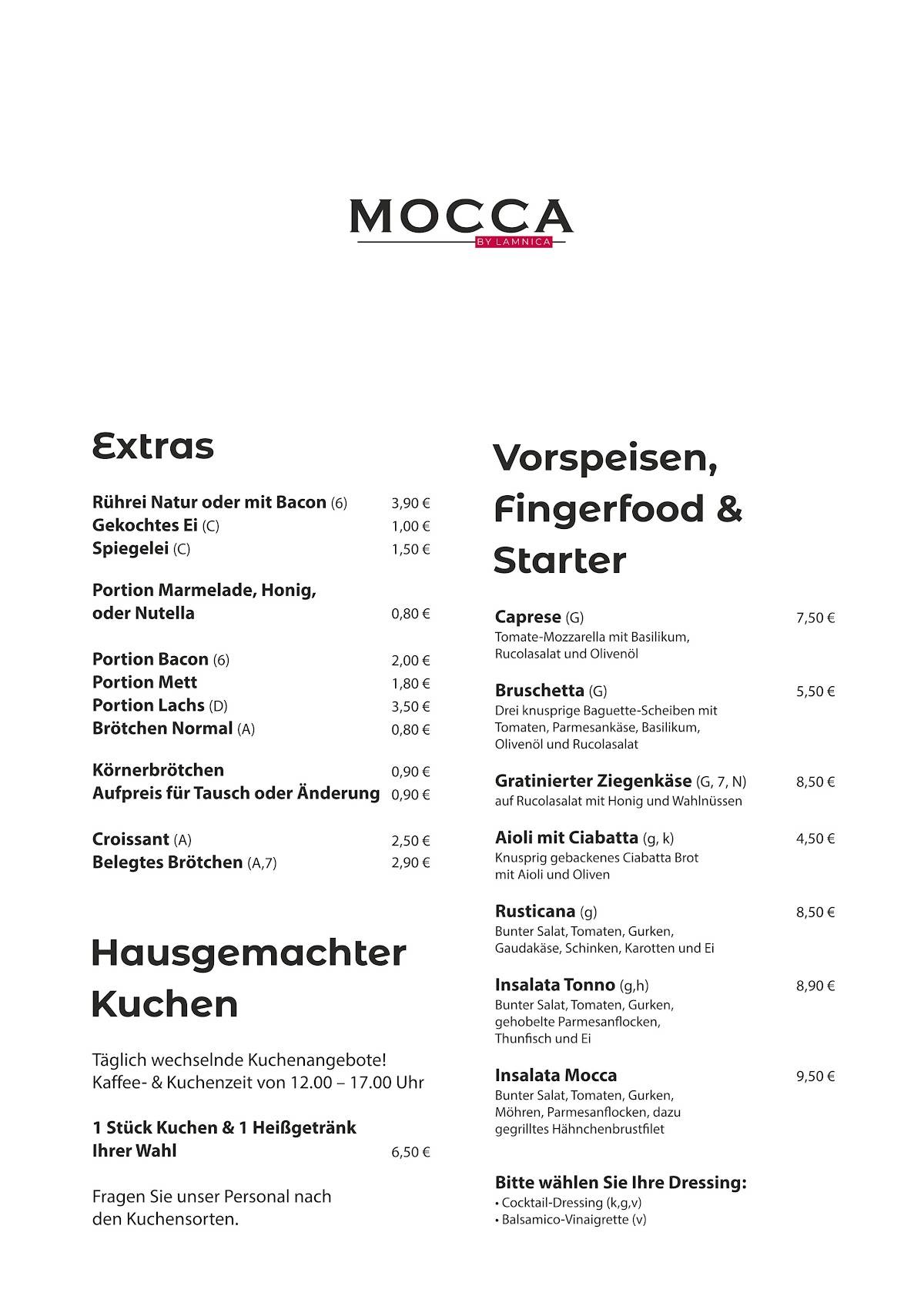 Speisekarte von Café Mocca restaurant, Essen