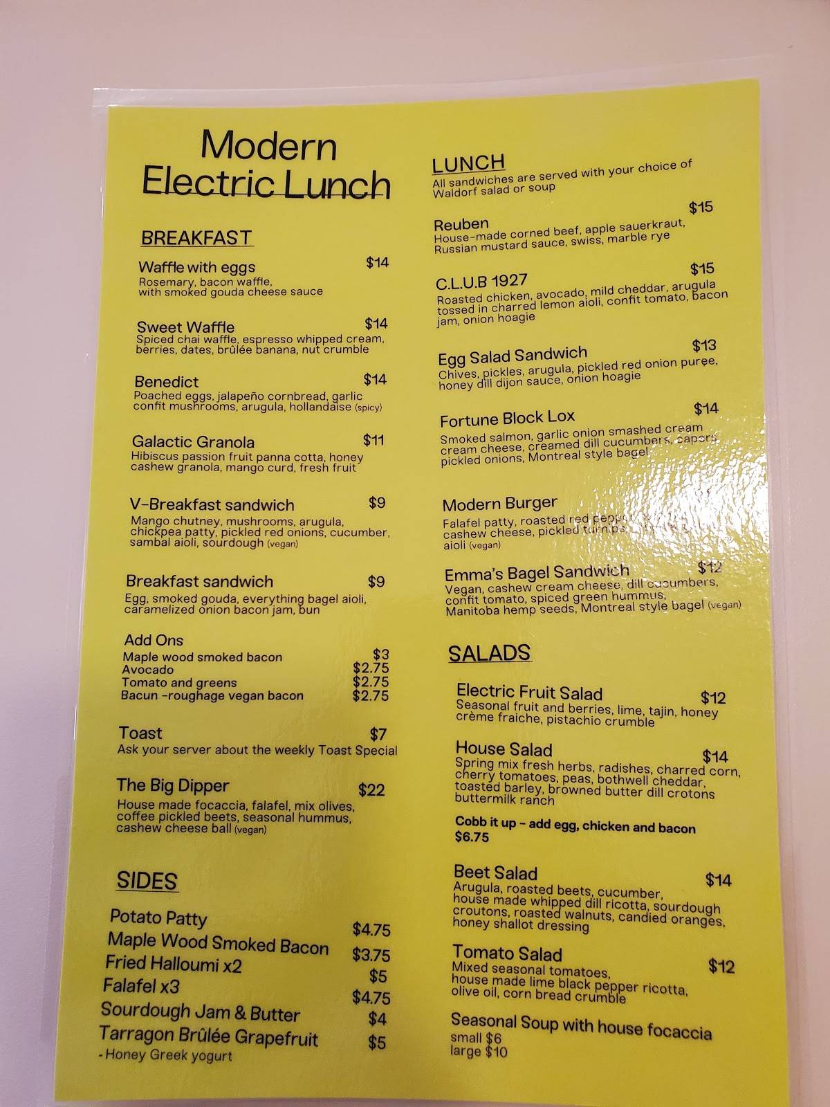 Menu au Modern Electric Lunch café, Winnipeg