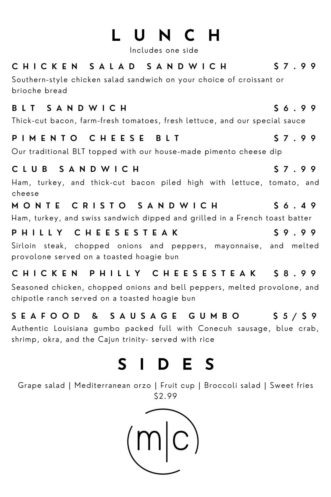Menu at Mural Cafe, Citronelle