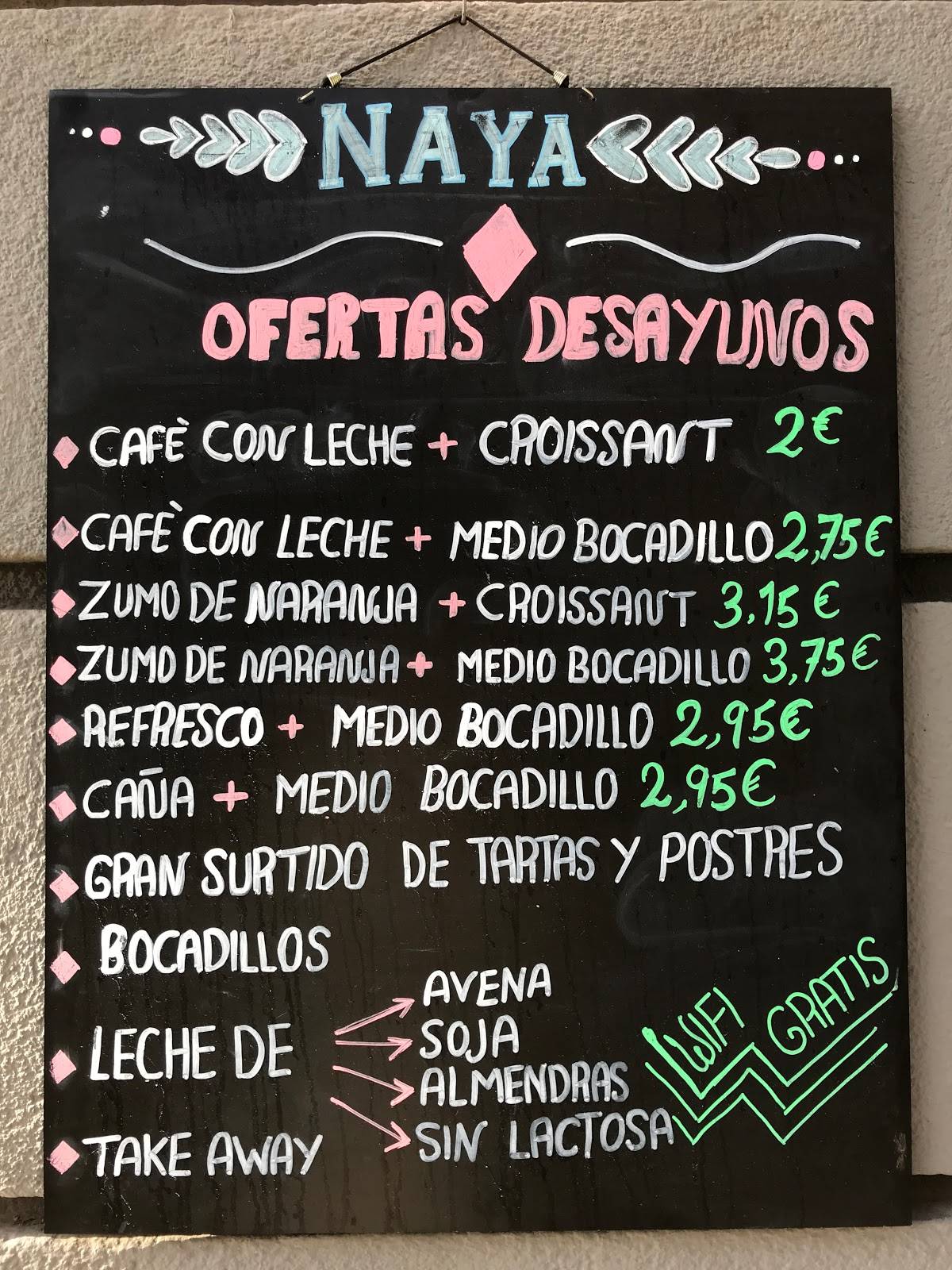 Carta de Cafe Naya, Barcelona