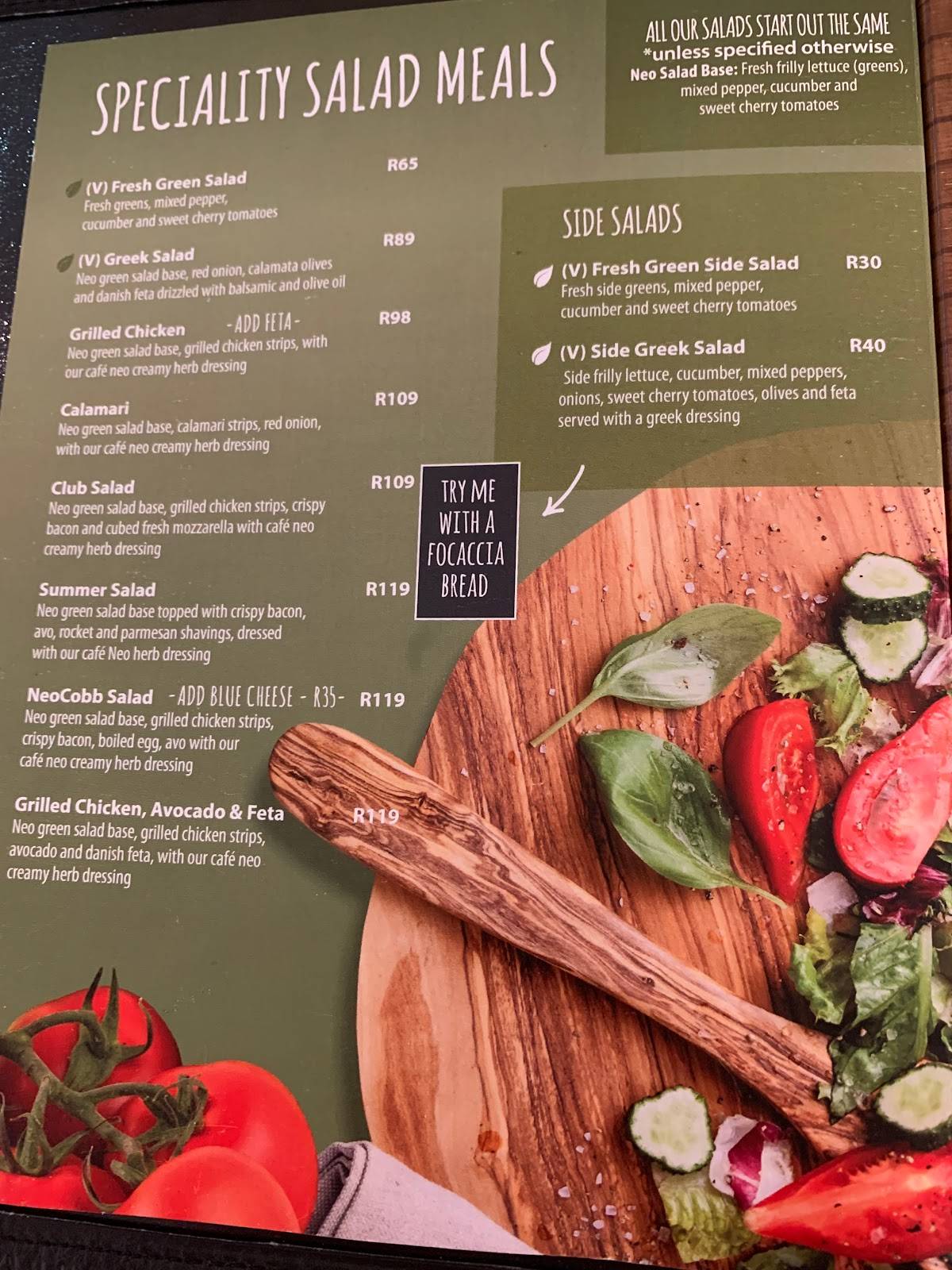 Menu at Café Neo restaurant, East London