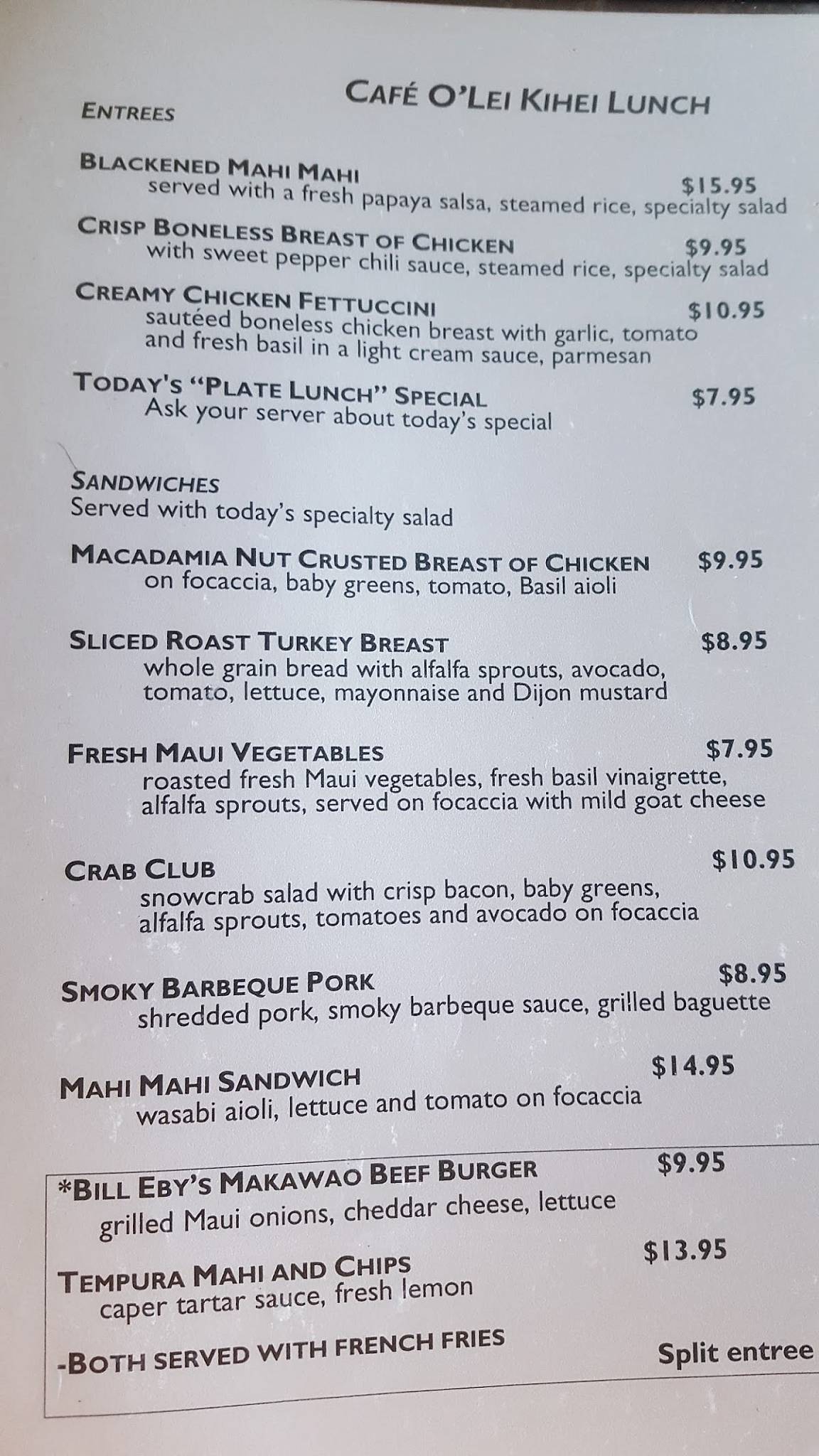 Menu at Cafe O'Lei Kihei, Kihei
