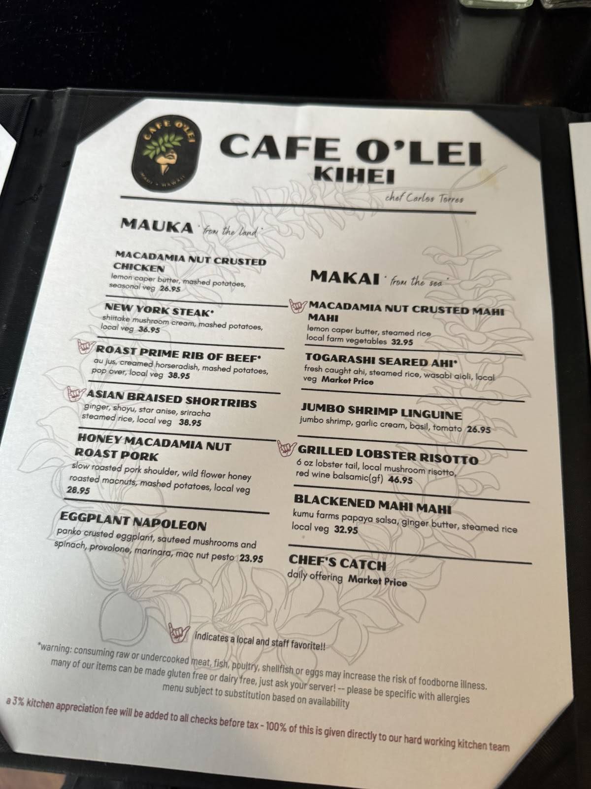 Menu at Cafe O'Lei Kihei, Kihei