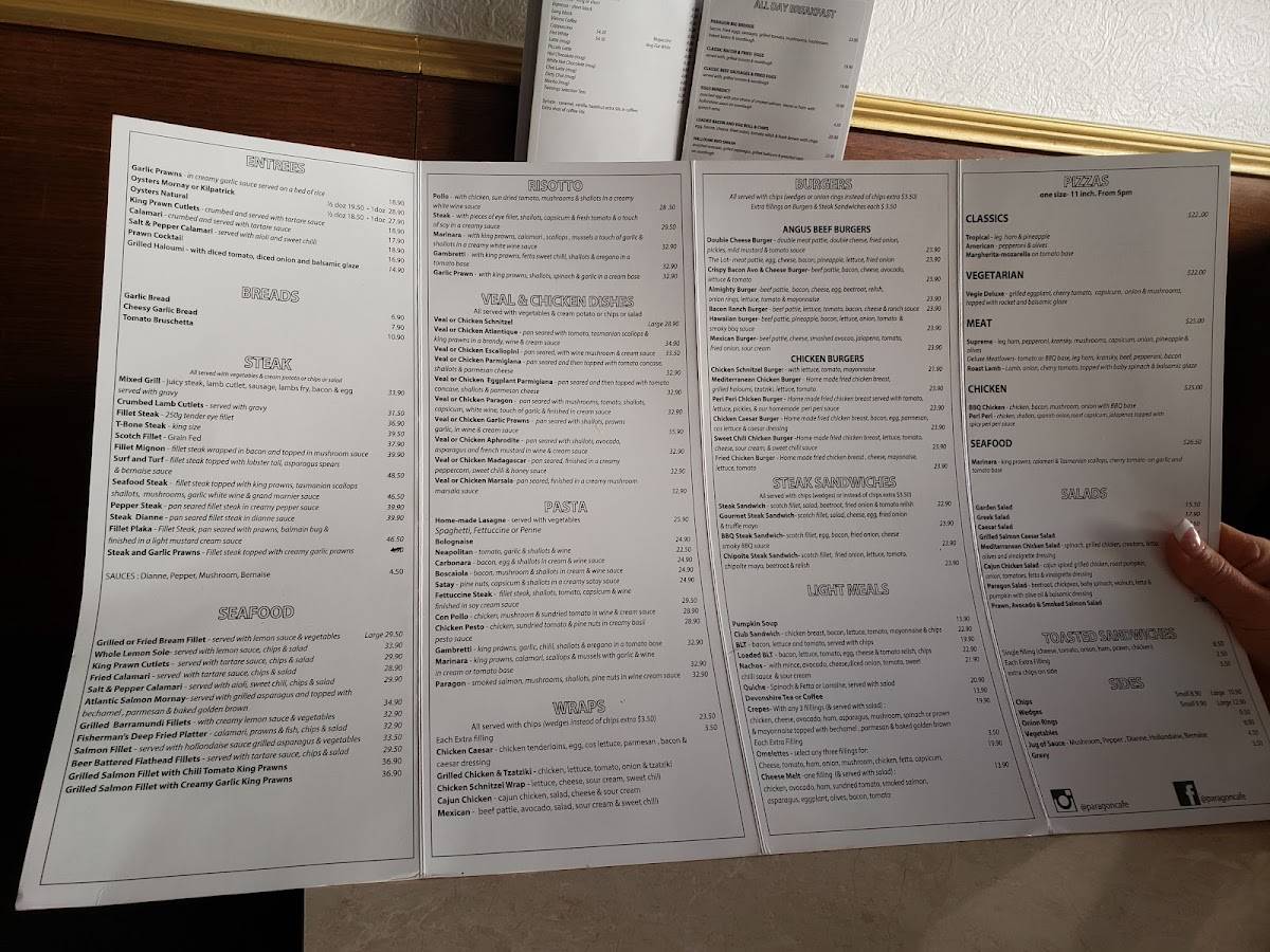 Menu at Paragon Cafe, Goulburn