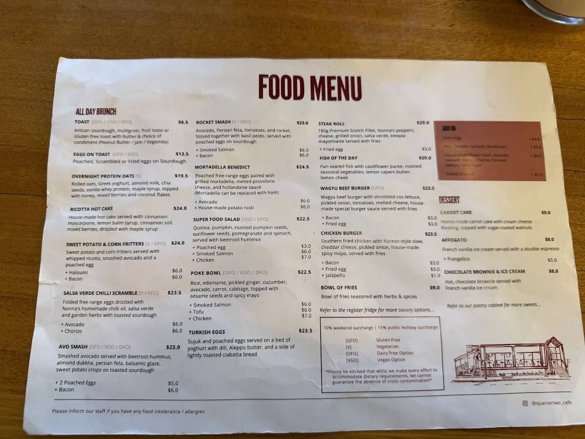 Menu at Quarter Two Cafe, Moonee Ponds