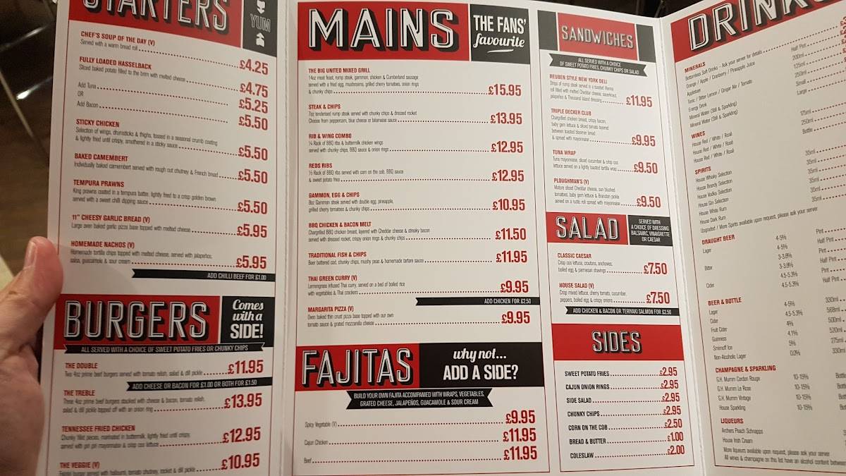 Menu at Red Café at Old Trafford cafe, Manchester, Stadium