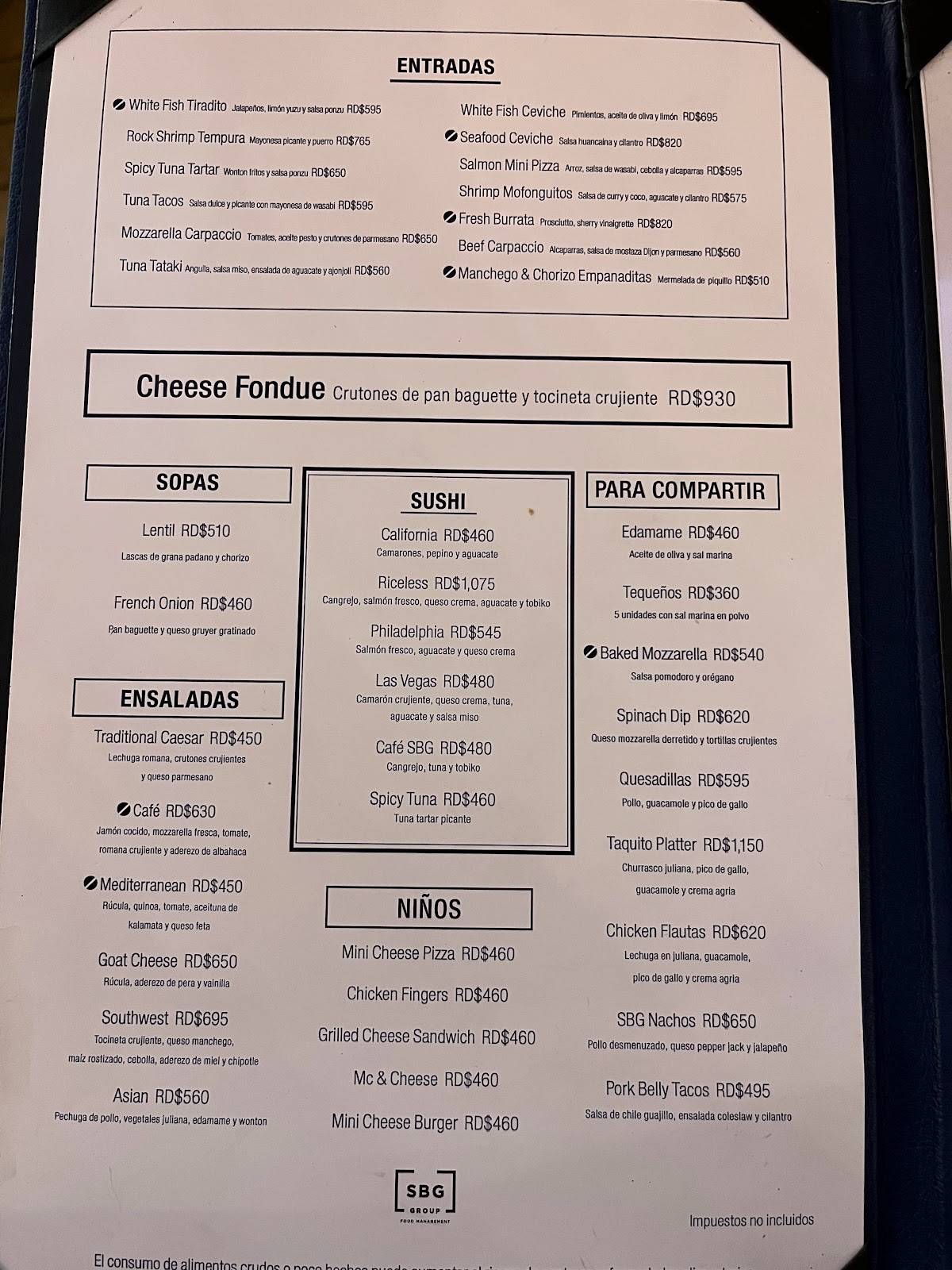 Menu at Café SBG, Santo Domingo, Blue Mall