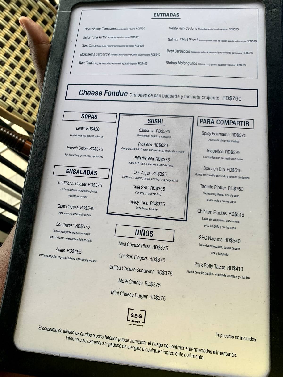 Menu at Café SBG, Santo Domingo, Blue Mall