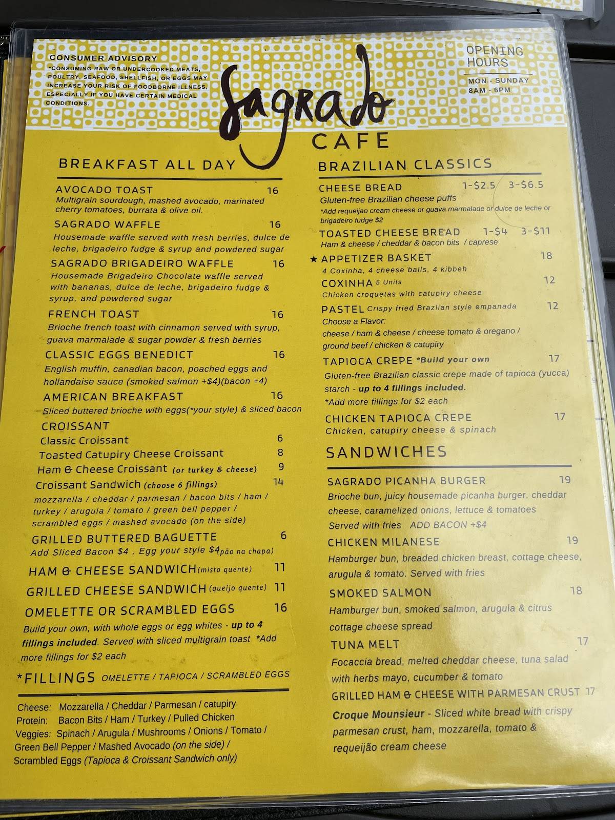 Menu at Sagrado Cafe, Miami, 900 Biscayne Blvd r102