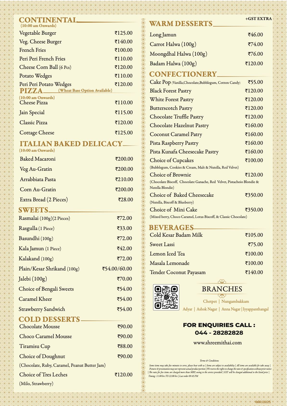 Menu at Shree Mithai, Chennai, Old No.33
