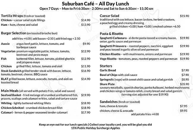 Menu at Suburban Cafe, Greenslopes, 405 Logan Rd