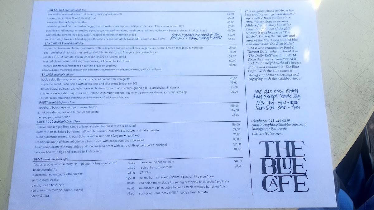Menu at The Blue Cafe, Cape Town