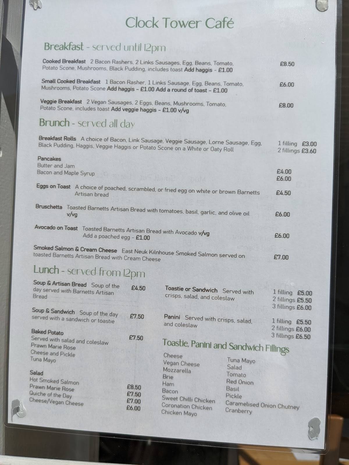 Menu at The Clock Tower Cafe, Anstruther