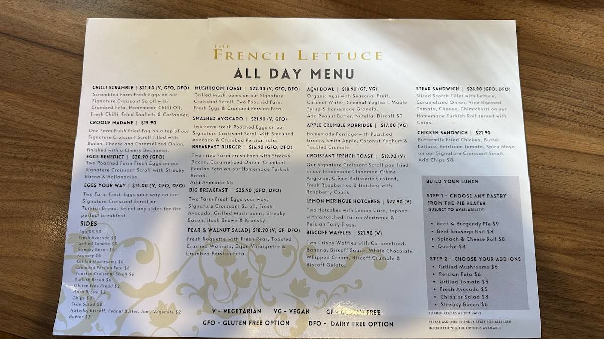 Menu at The French Lettuce cafe, Hurstbridge