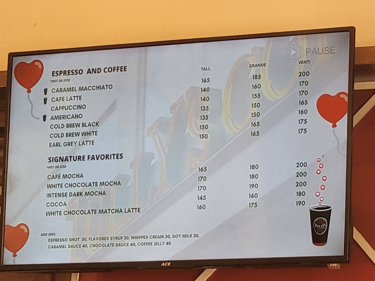 Menu at Tully's Coffee cafe, Pasig