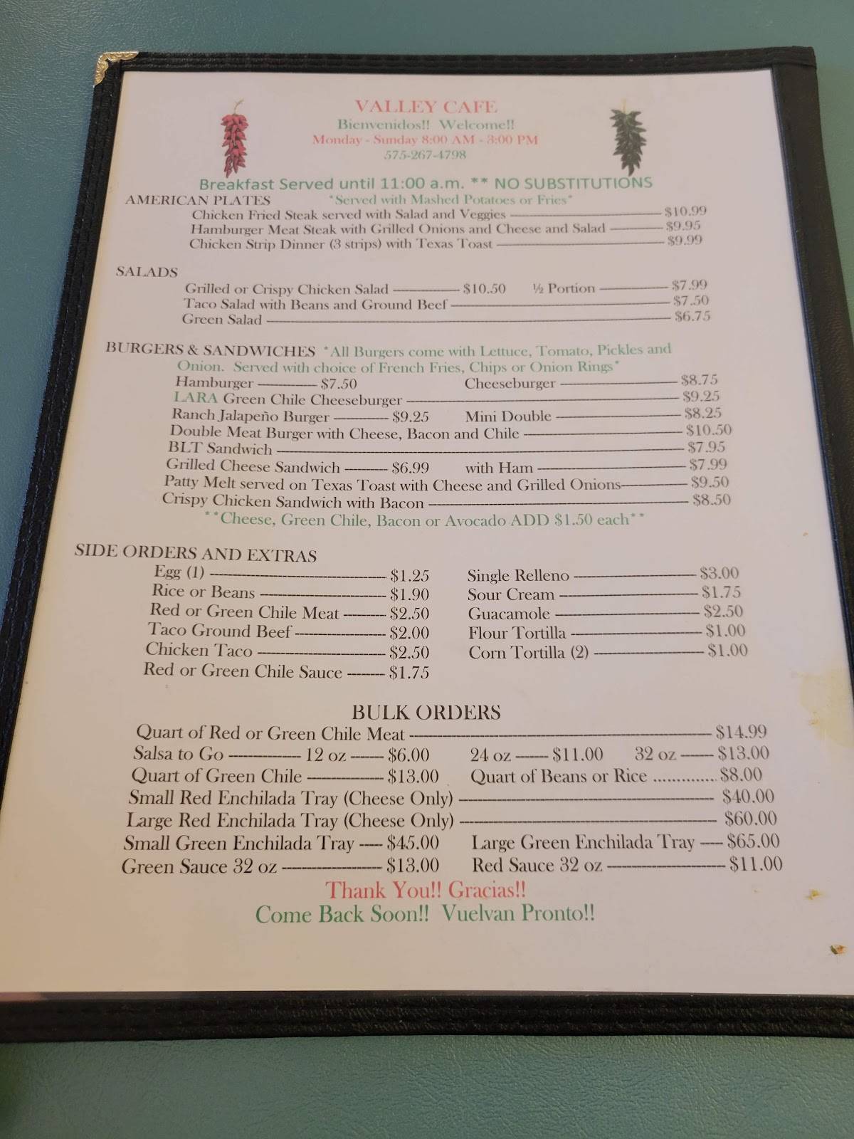 Menu at Valley Cafe, Hatch
