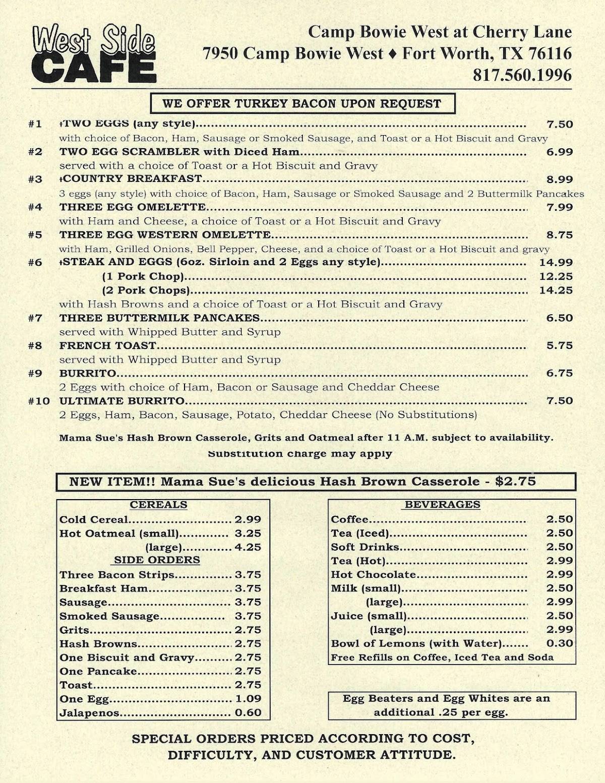 Menu at West Side Cafe, Fort Worth