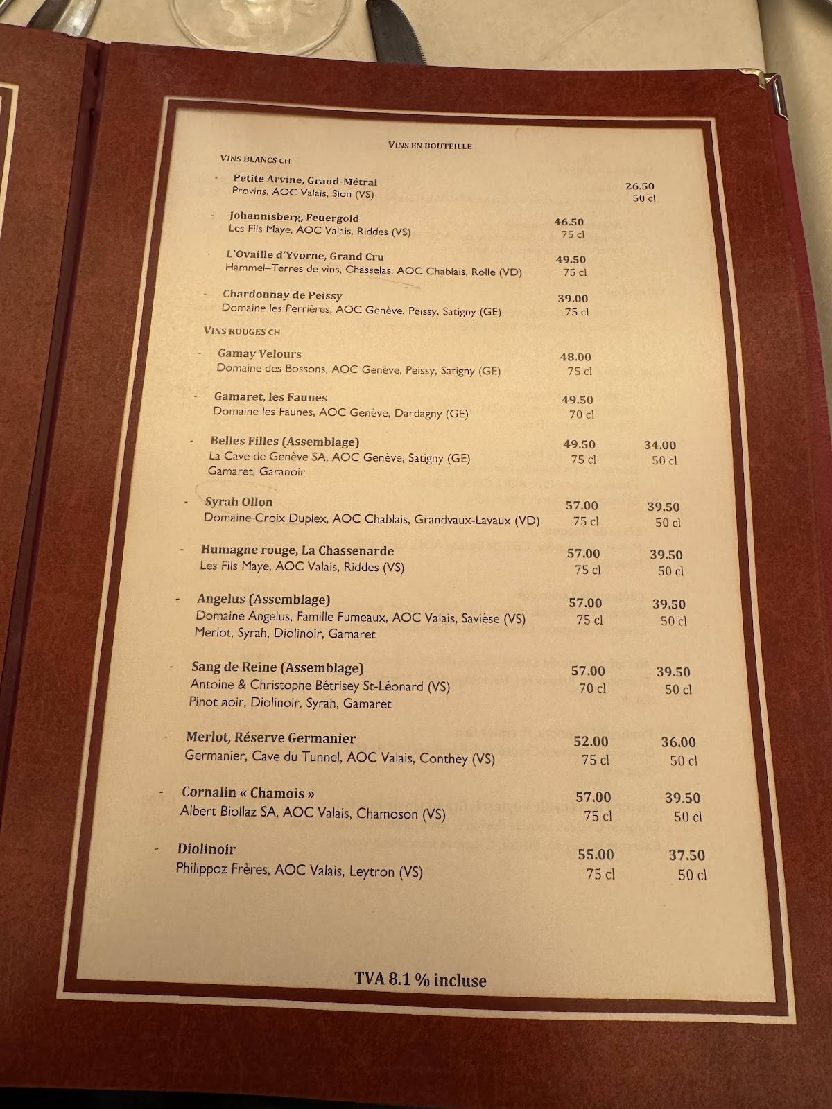Menu au Café de Paris - Chez Boubier, Genève