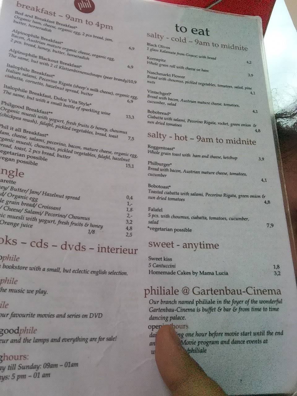 Menu at phil cafe, Vienna