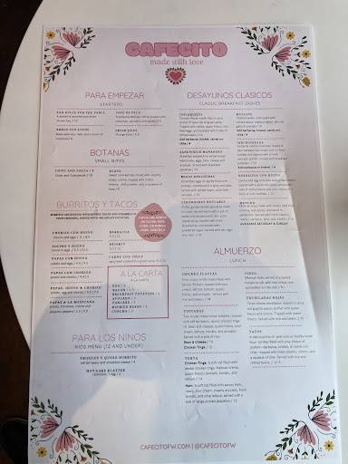 Menu at Cafecito, Fort Worth