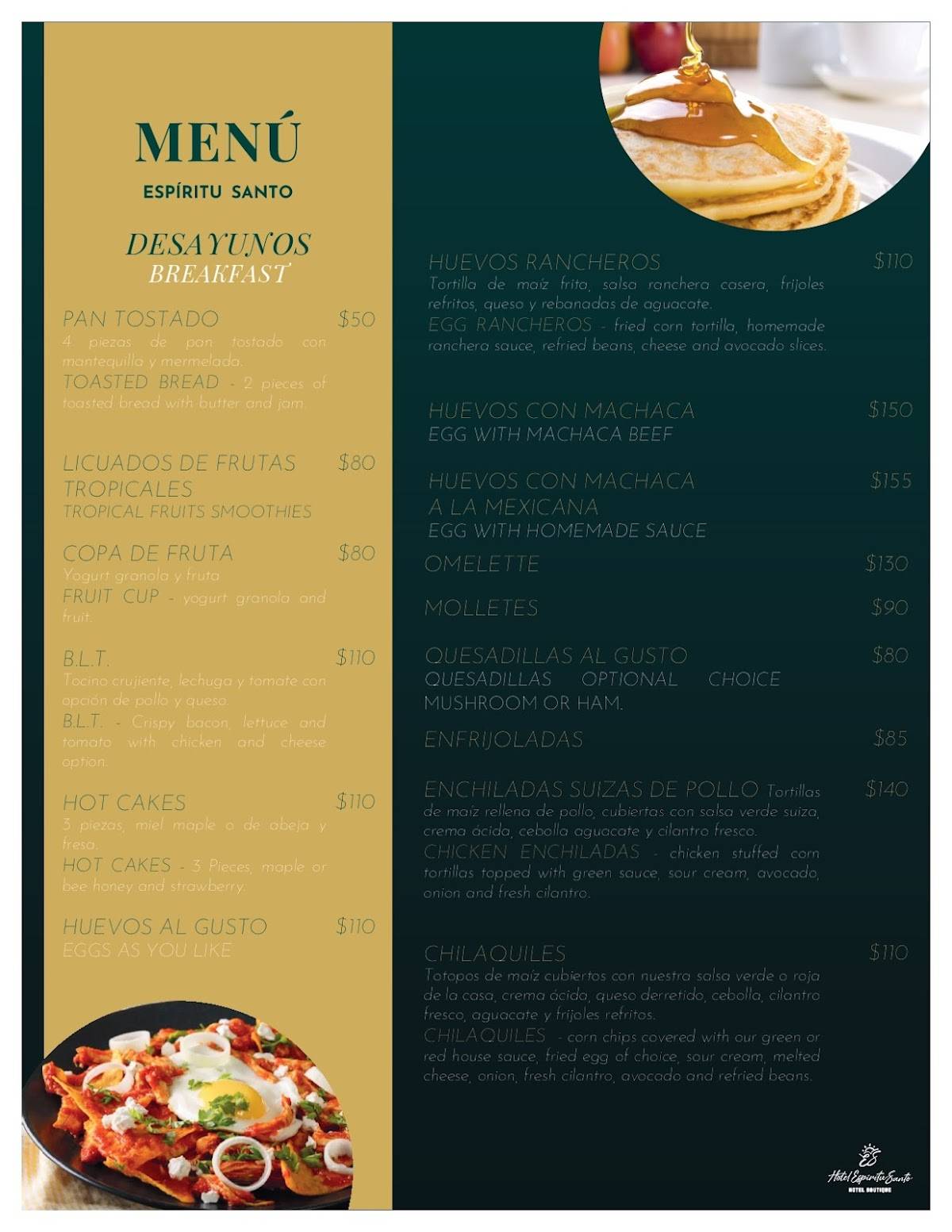 Menu at Espíritu Santo restaurant, La Paz