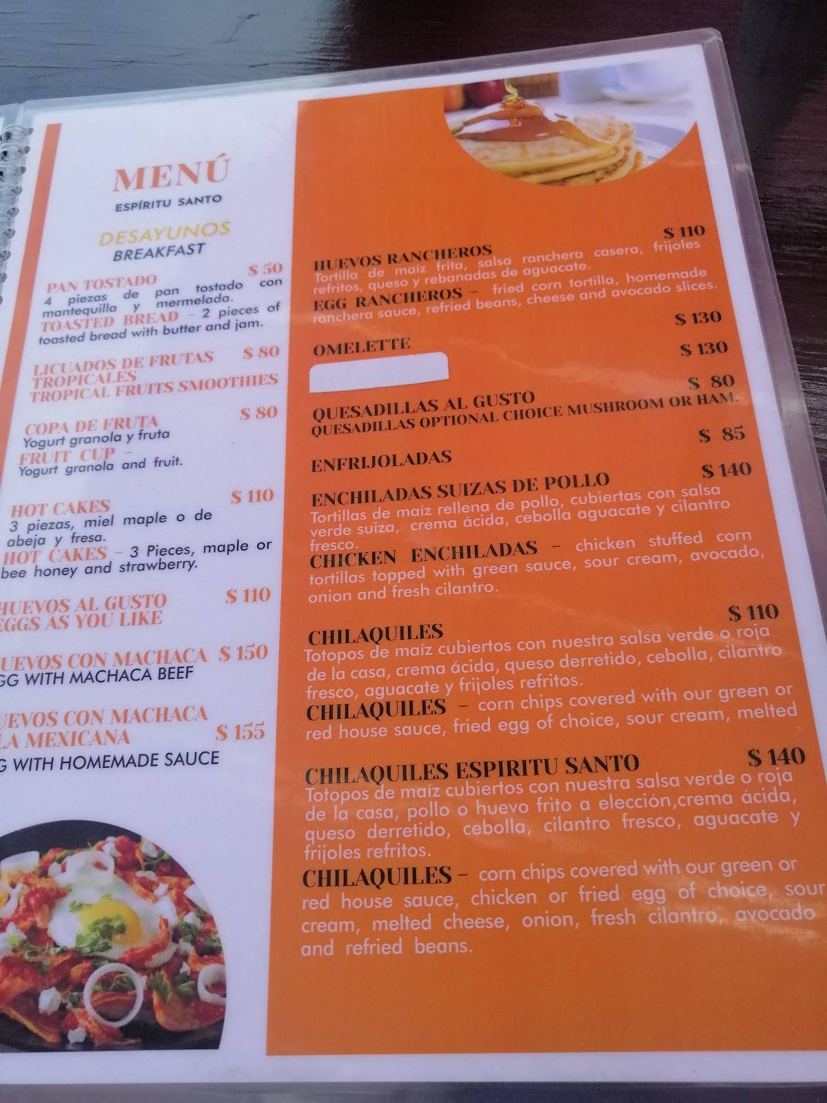 Menu at Espíritu Santo restaurant, La Paz