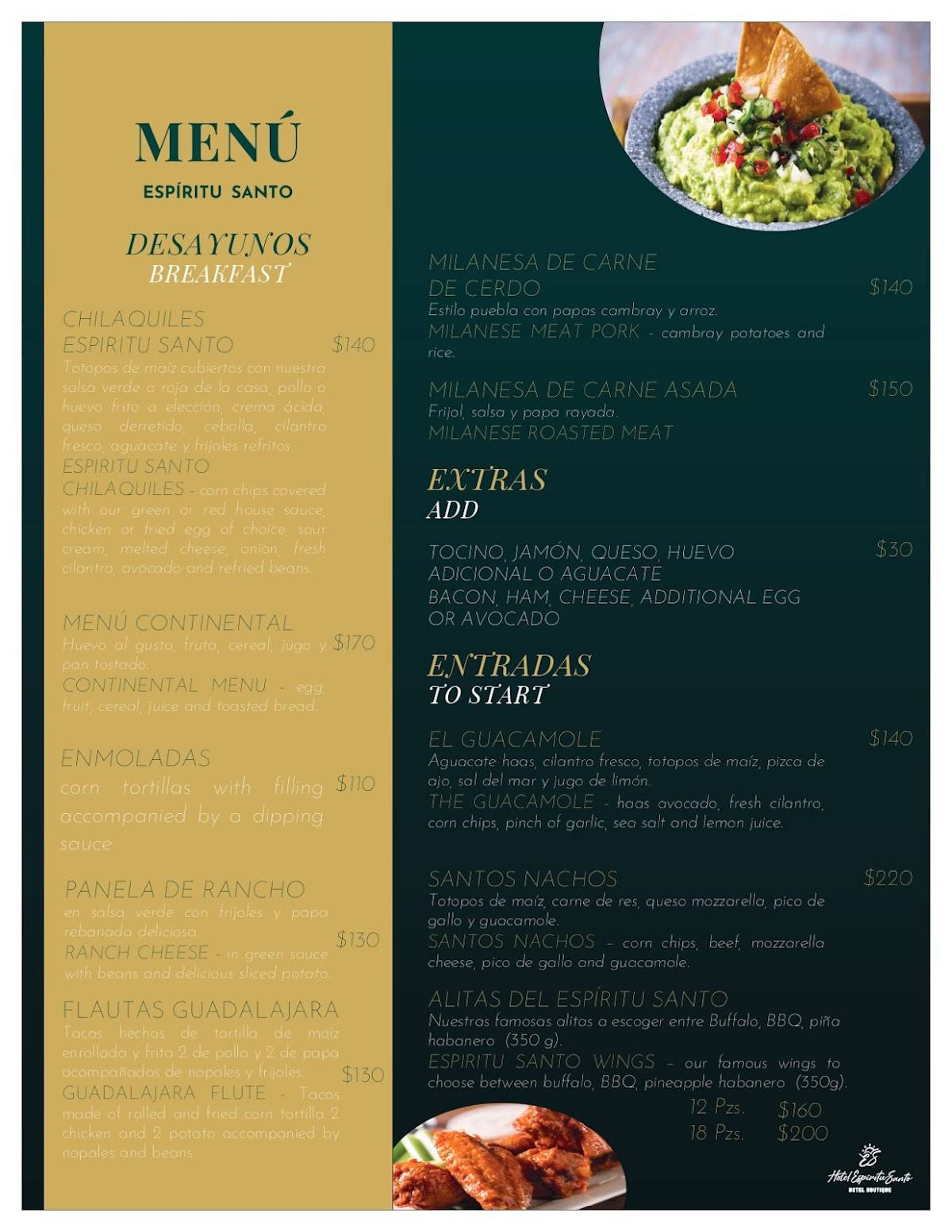 Menu at Espíritu Santo restaurant, La Paz