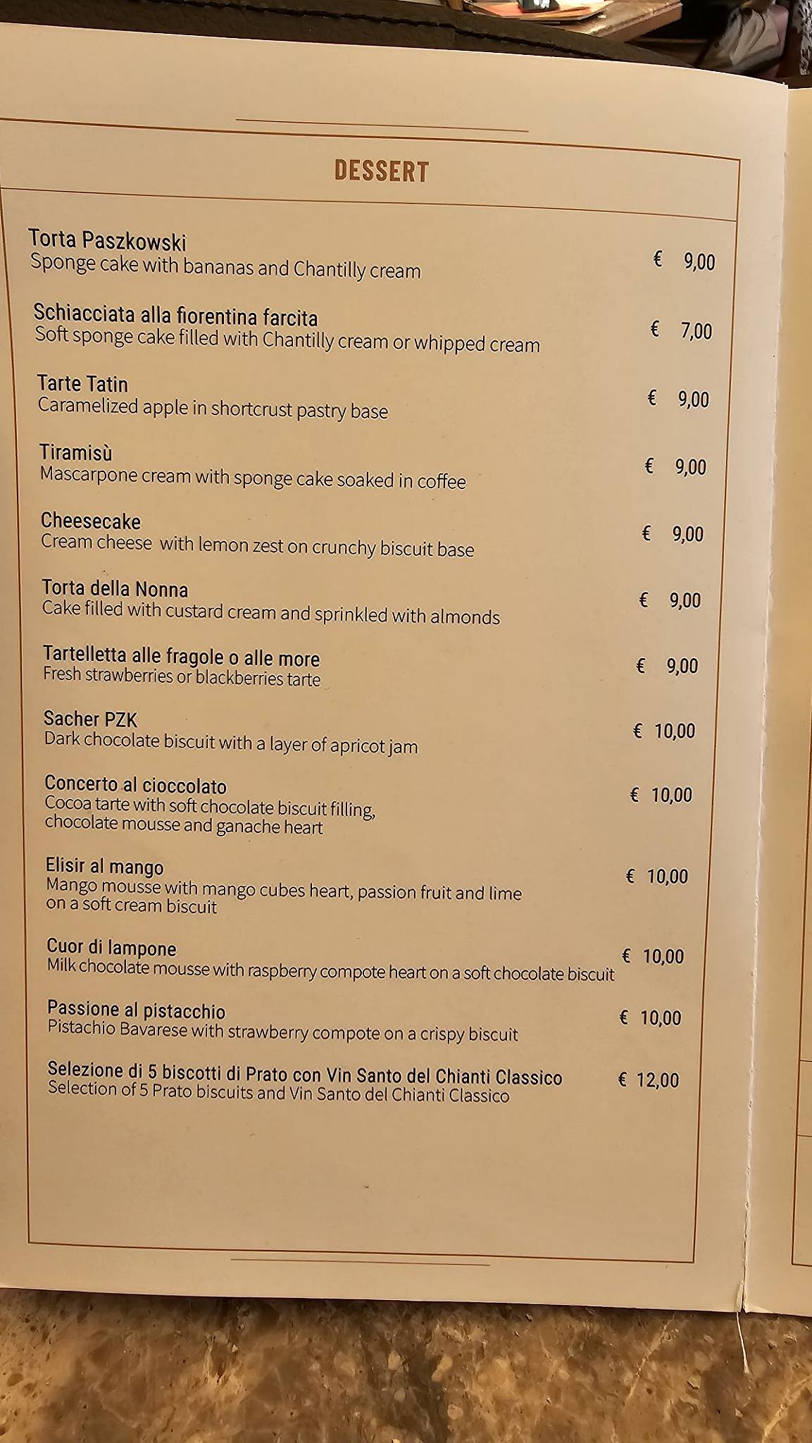 Menu at Caffe Concerto Paszkowski cafe, Florence
