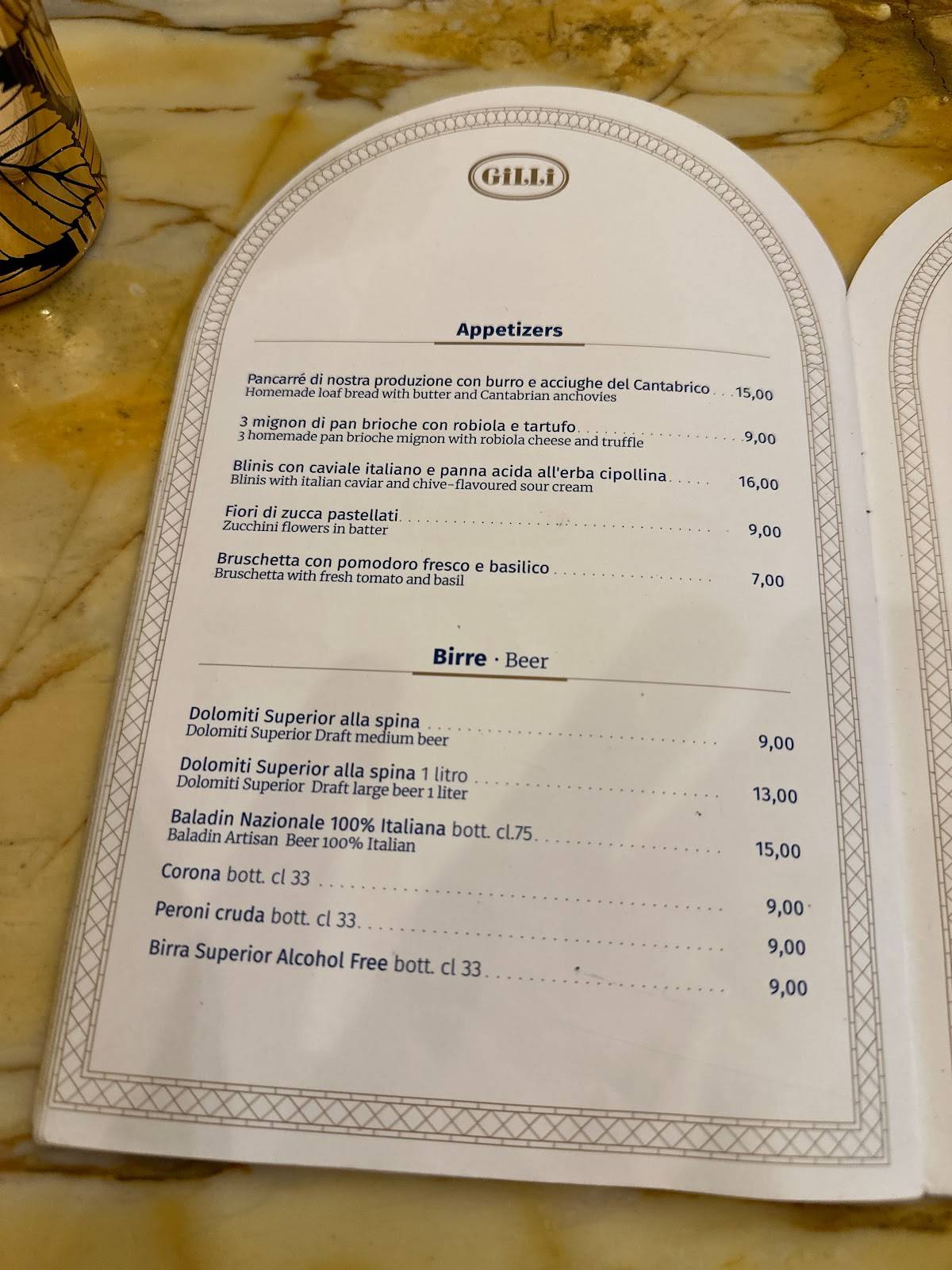 Menu at Caffè Gilli pub & bar, Florence, Via Roma