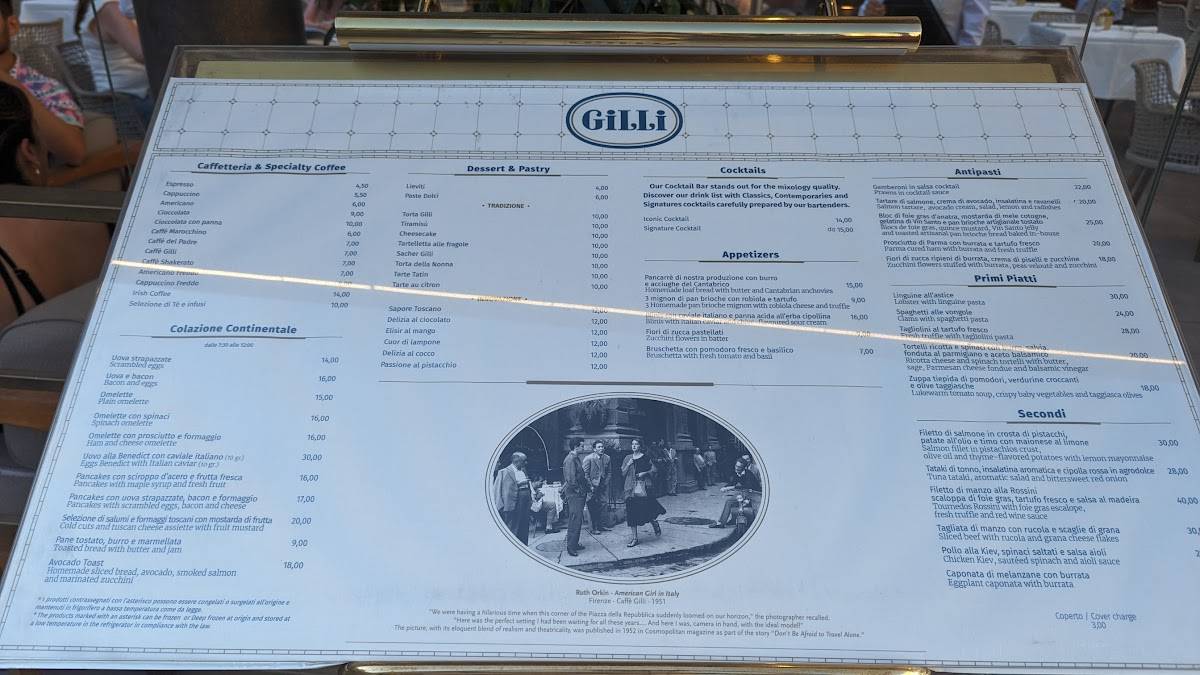 Menu at Caffè Gilli pub & bar, Florence, Via Roma