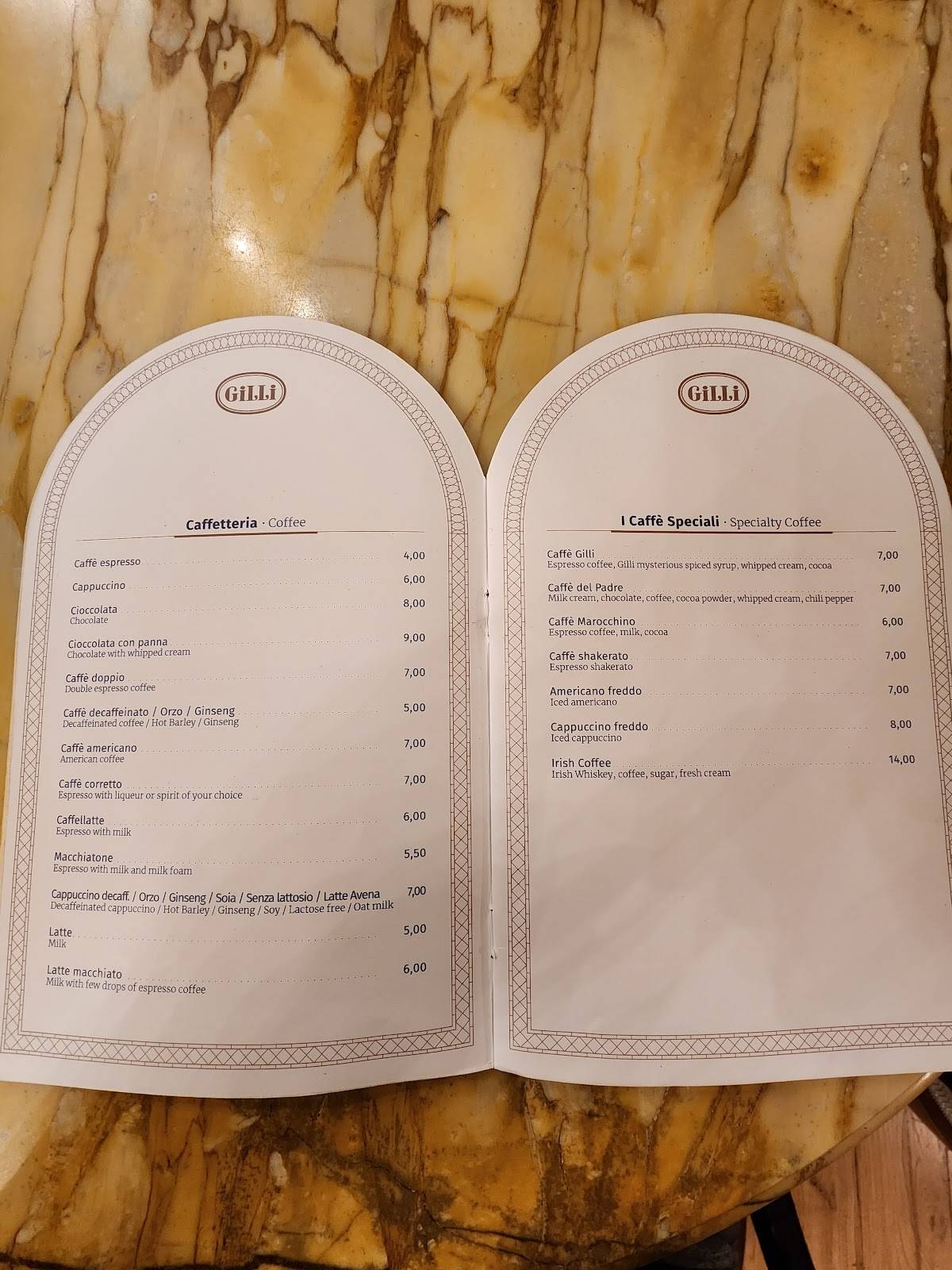 Menu at Caffè Gilli pub & bar, Florence, Via Roma