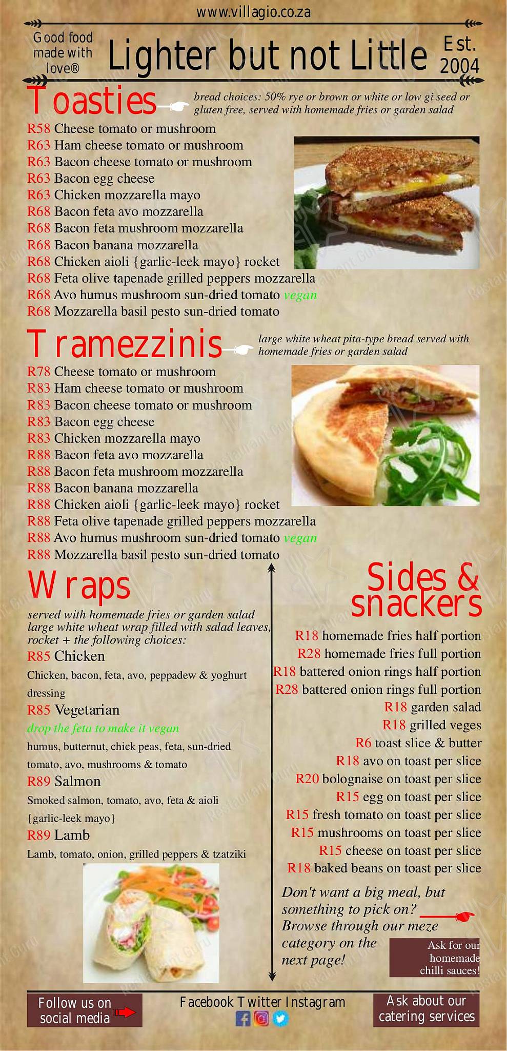Menu at Caffe Villagio restaurant, Cape Town