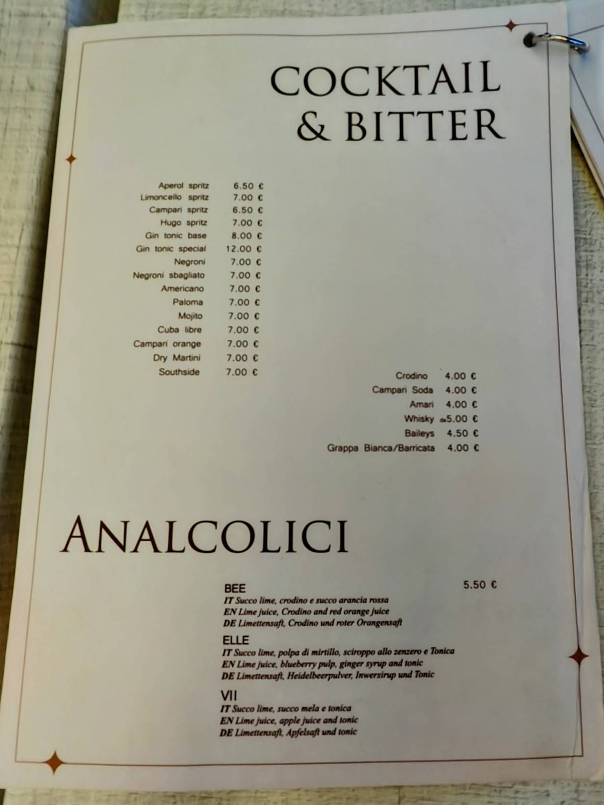 Menu at Caffè del Principato pub & bar, Feriolo