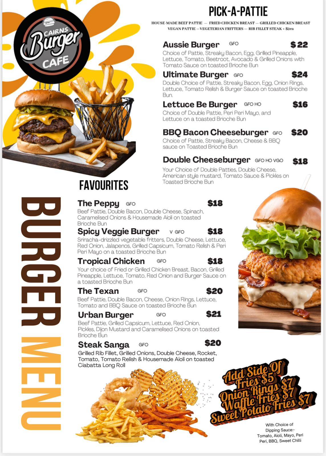 Menu at Cairns Burger Cafe, Cairns