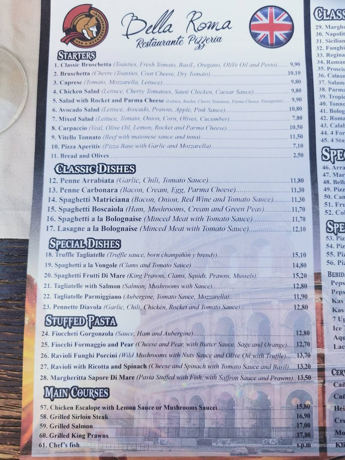 Menu at Bella Roma Restaurante, Port de Pollença