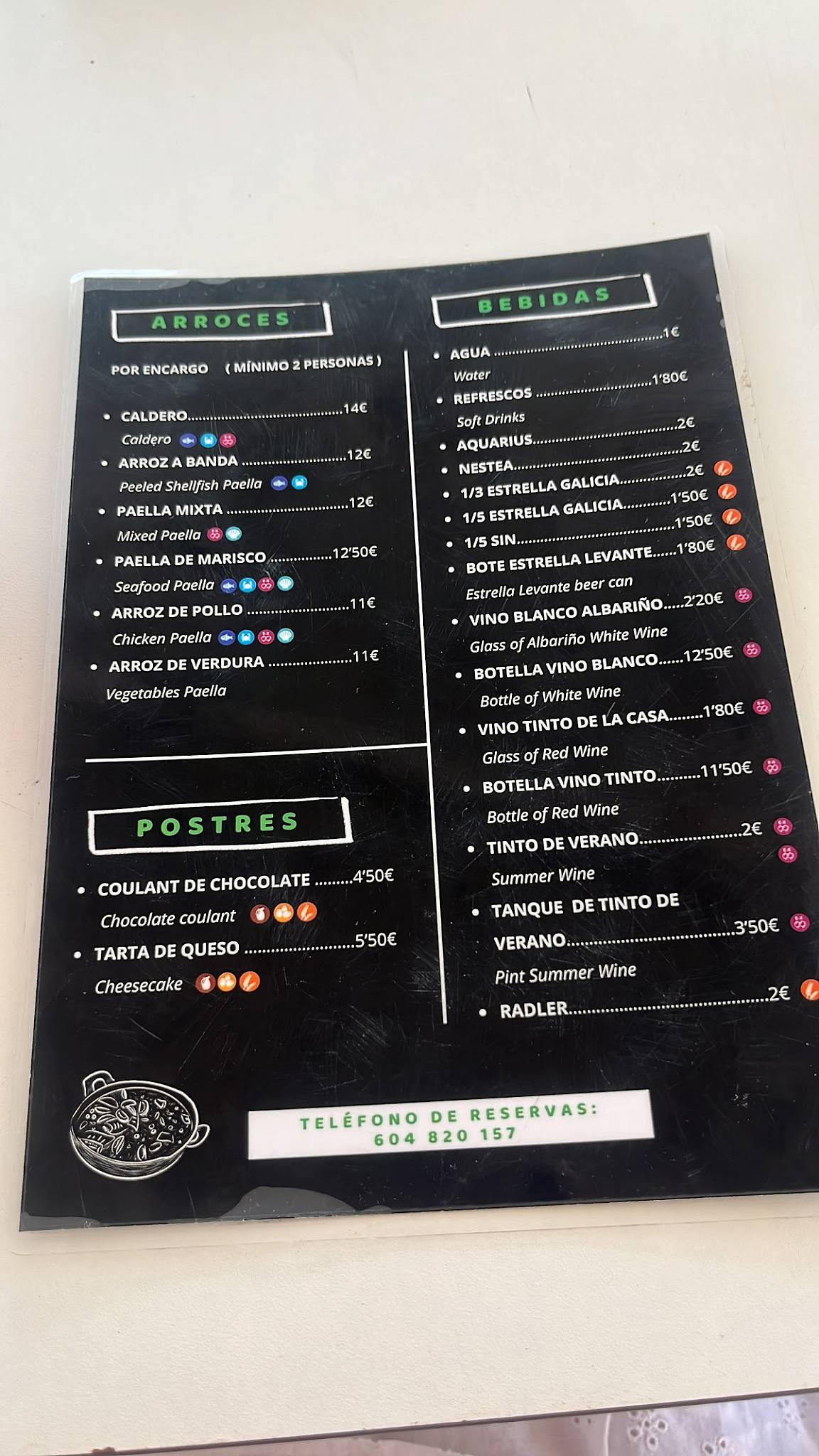 Carta del restaurante Calderos El Culebra, San Javier
