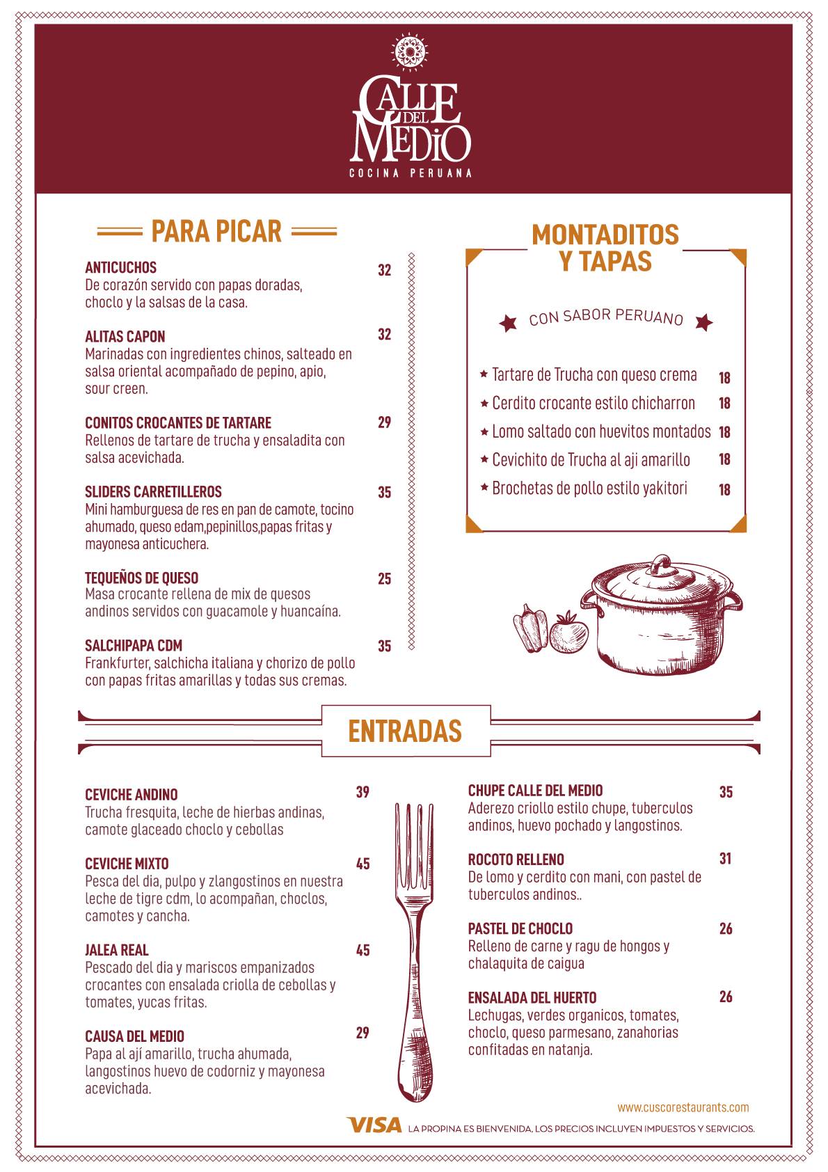 Carta del restaurante Calle del Medio cocina peruana, Cusco