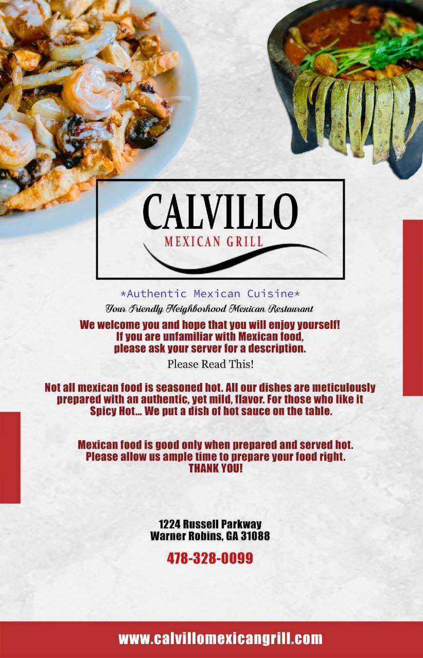 Menu at Calvillo Mexican Grill restaurant, Warner Robins, Russell Pkwy