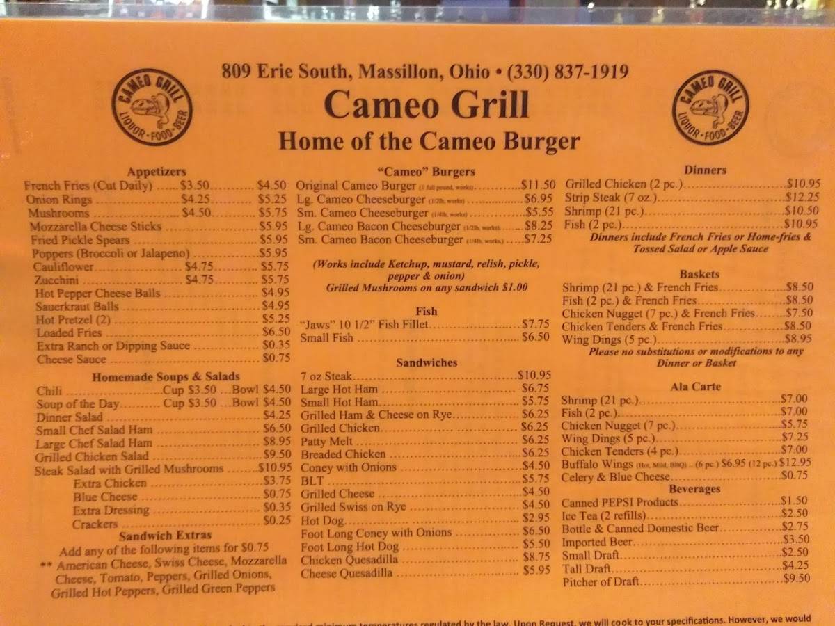 Menu at Cameo Grill pub & bar, Massillon