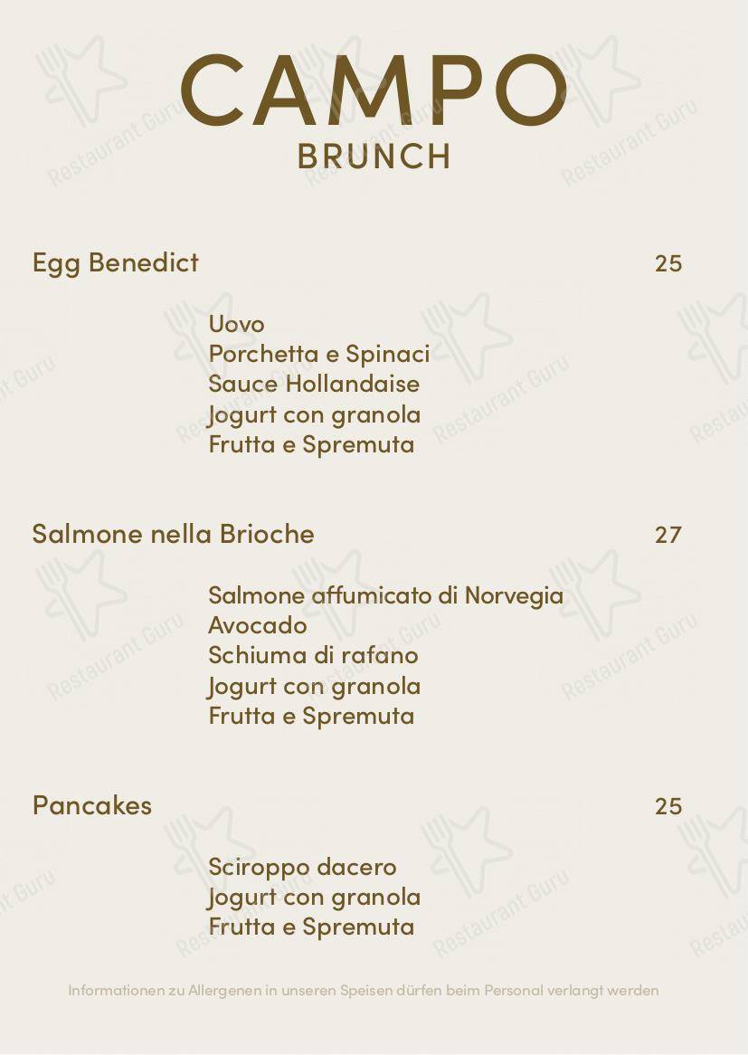 Menu at Campo, Zürich