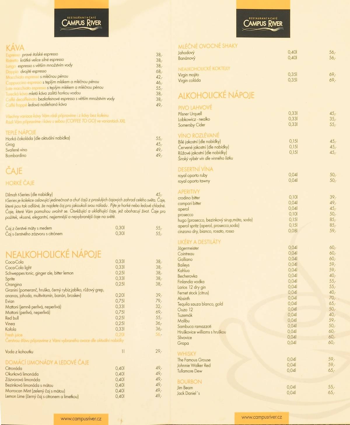 Menu at Campus River Restaurant, Brno