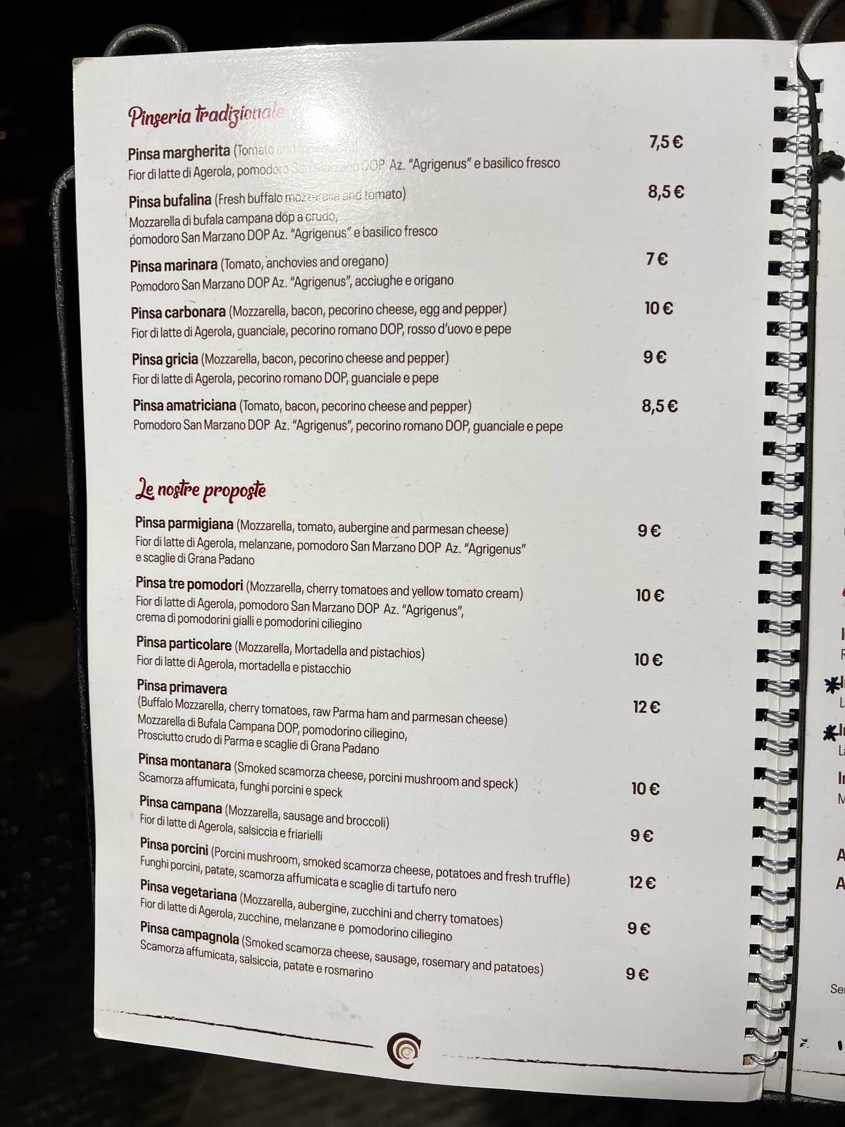 Menu da Pizzeria Camulio Pinseria, Siena